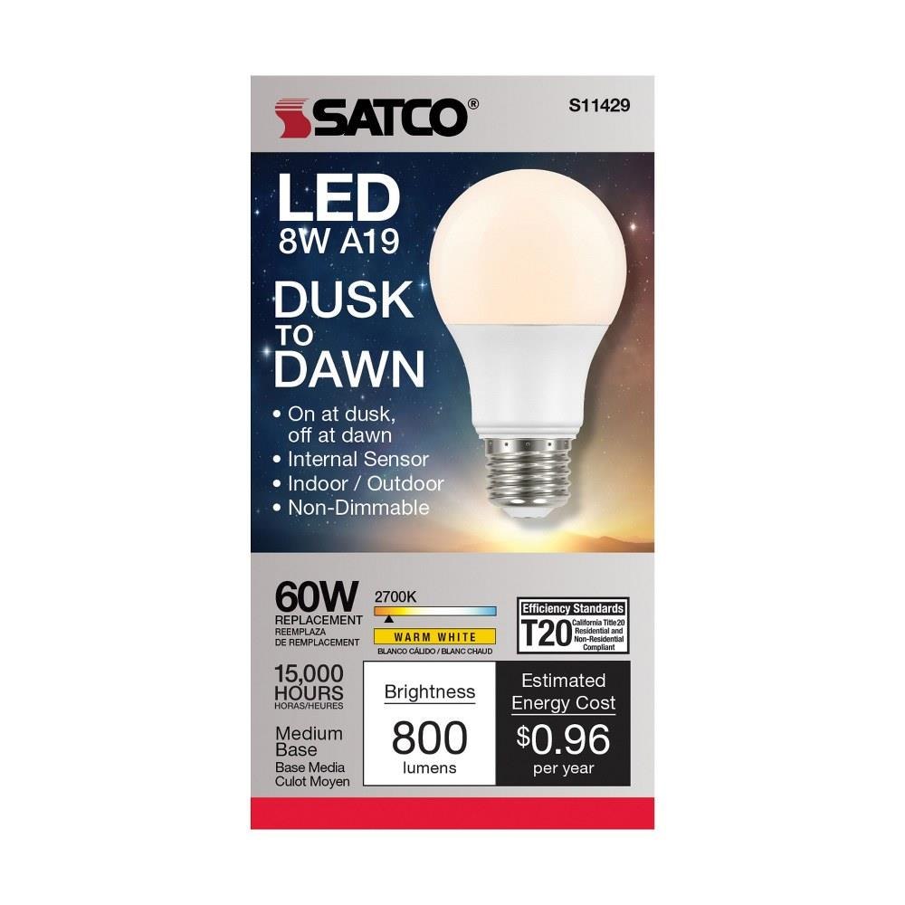 Satco - S11429 - 8W A19 2700K LED Dusk to Dawn Medium Base Replacement Lamp-4.17 Inches Length ...