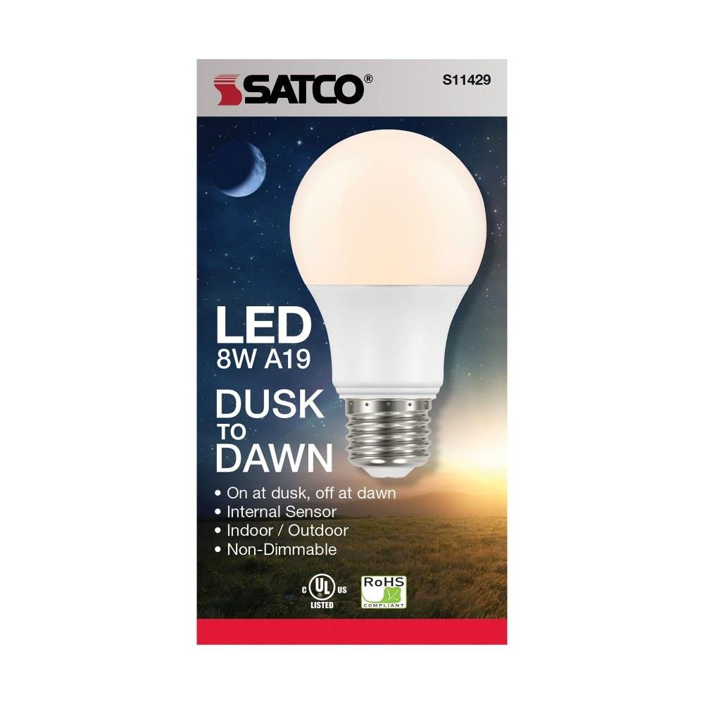 Satco - S11429 - 8W A19 2700K LED Dusk to Dawn Medium Base Replacement Lamp-4.17 Inches Length ...