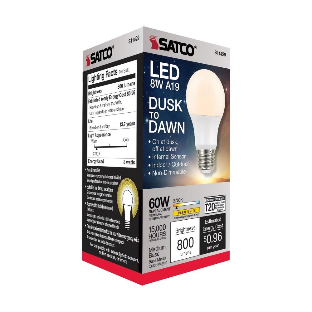 Satco - S11429 - 8W A19 2700K LED Dusk to Dawn Medium Base Replacement ...
